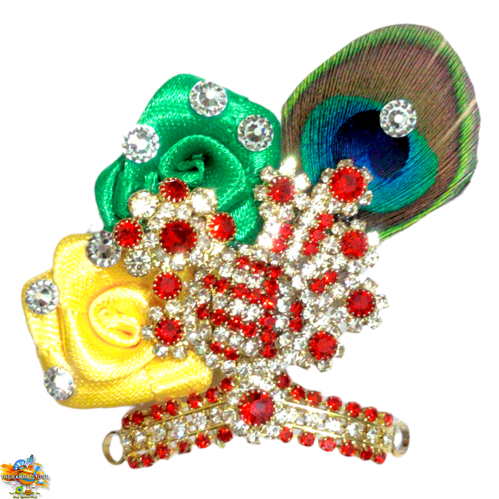 Red Diamond Studded Crown Mukut With Mor Pankh For Laddu Gopal Ji