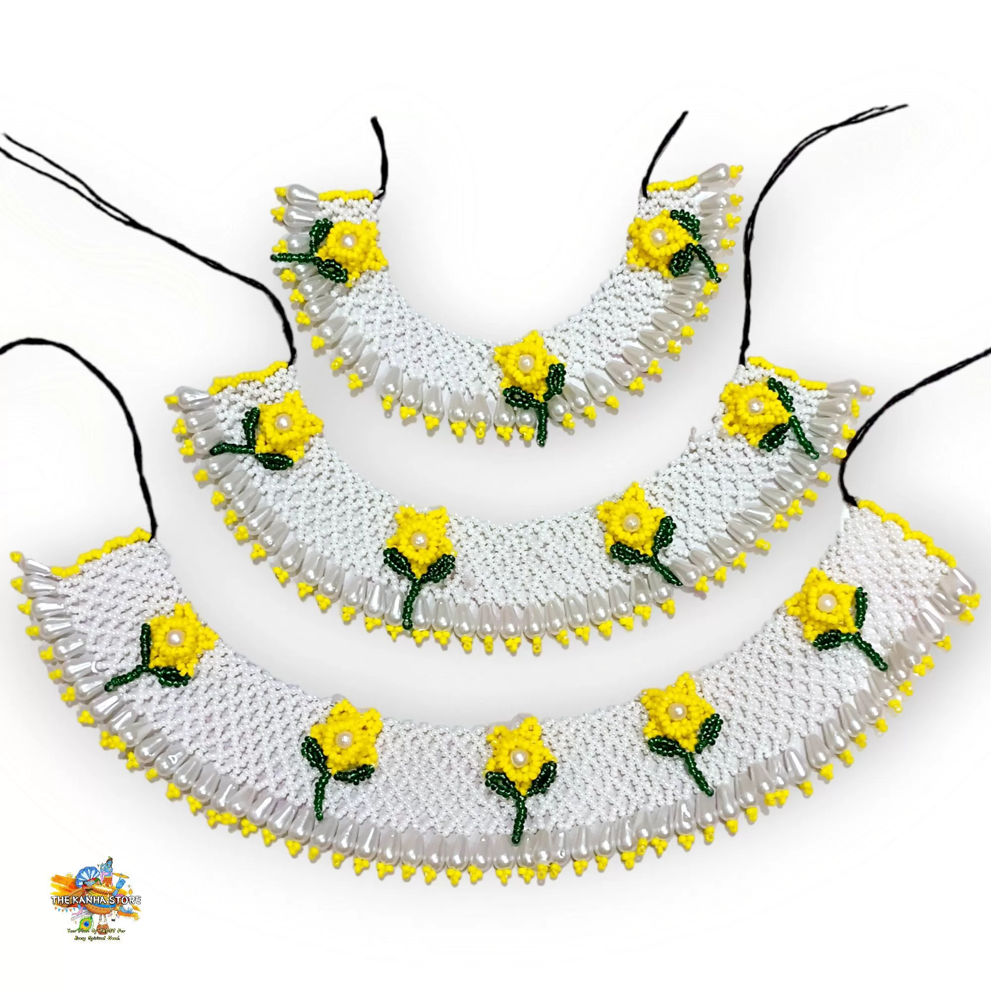 Yellow Gadi Mala Set Of 3 Thakorji Shringar -Rose Moti Mala Lalan